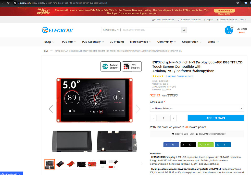 Elecrow 5" and LVGL and Squareline - Full Working - My projects - LVGL Forum